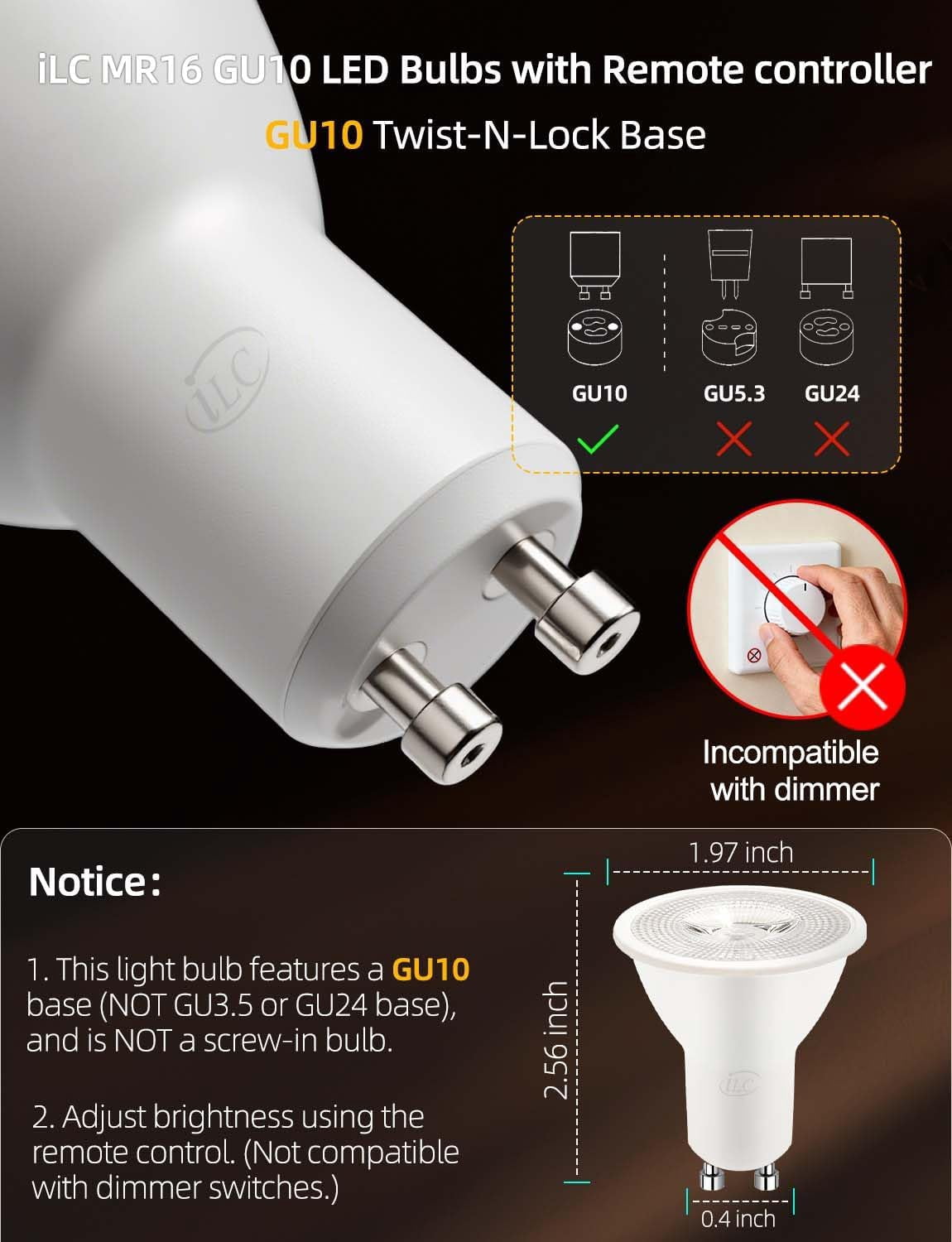 IYFFDFE-GU10 LED Light Bulb, 40 Watt Equivalent Color Changing 12 ...