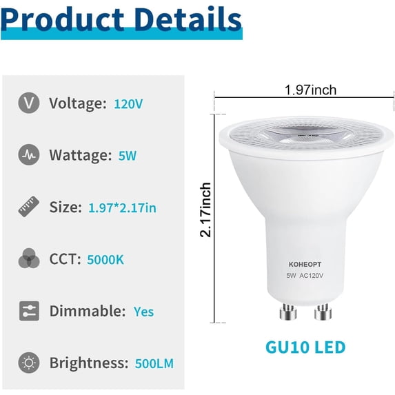 IYFFDFE-5W GU10 LED Light Bulb, Dimmable 5000K Daylight GU10 Bulb,500LM ...