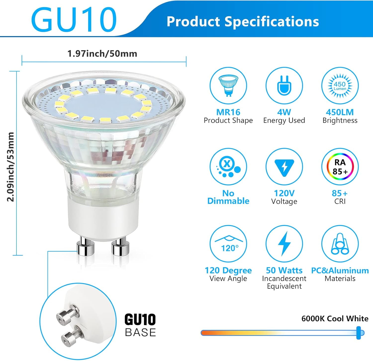 IYFFDFE-GU10 LED Light Bulbs, 50 Watt Halogen Equivalent, 6000K Cool ...