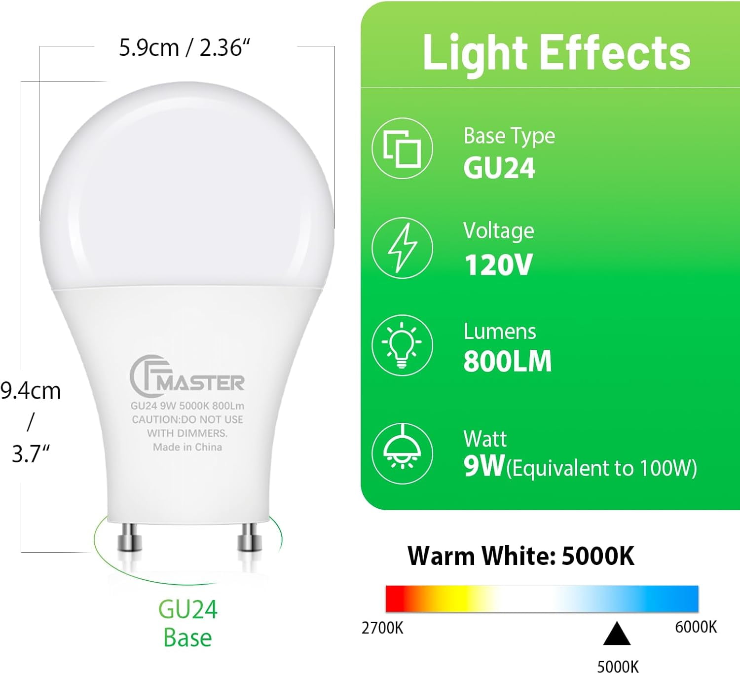 IYFFDFE-GU24 LED Light Bulb, 5000K Daylight, 9W(100W Equivalent), 800 ...
