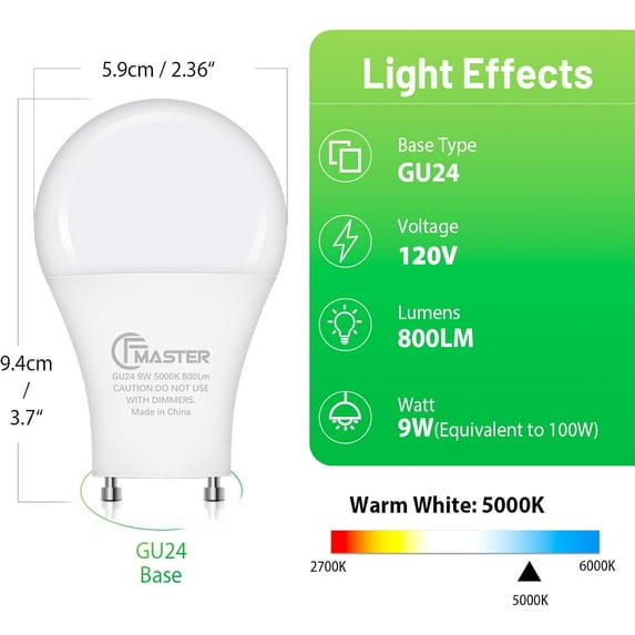 IYFFDFE-GU24 LED Light Bulb, 5000K Daylight, 9W(100W Equivalent), 800 ...