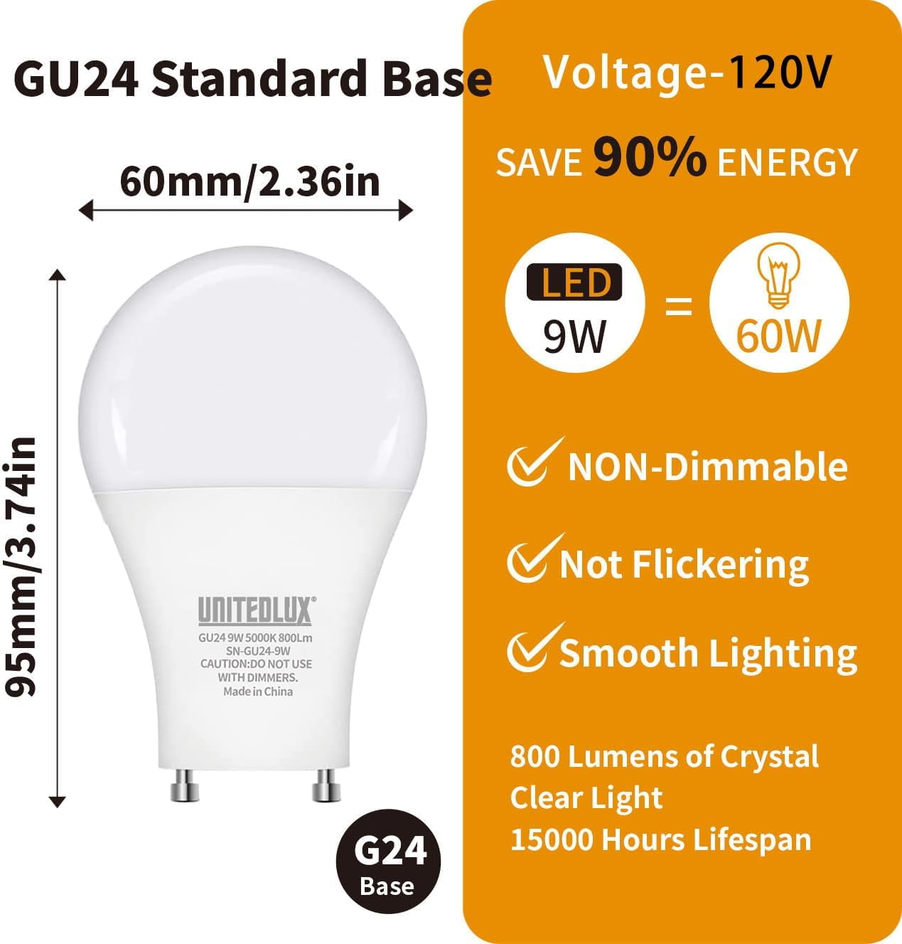 IYFFDFE-GU24 LED Light Bulb, 5000K Daylight, 9W(60W Equivalent), 800 ...
