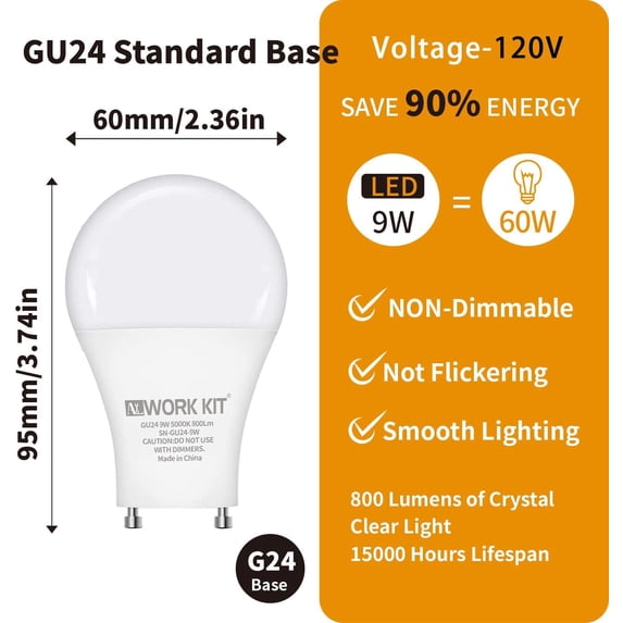 IYFFDFE-GU24 LED Light Bulb, 5000K Daylight, 9W(60W Equivalent), 800 ...
