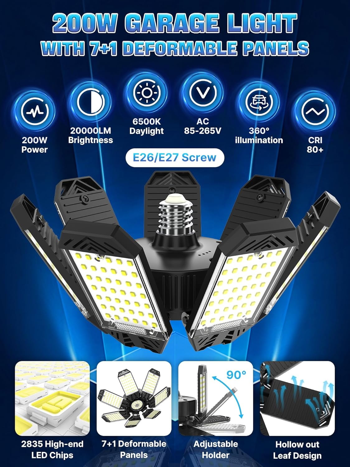 IYFFDFE-Garage Light 200W, Super Bright 20000LM Garage Lights Ceiling Led with 7 Adjustable ...