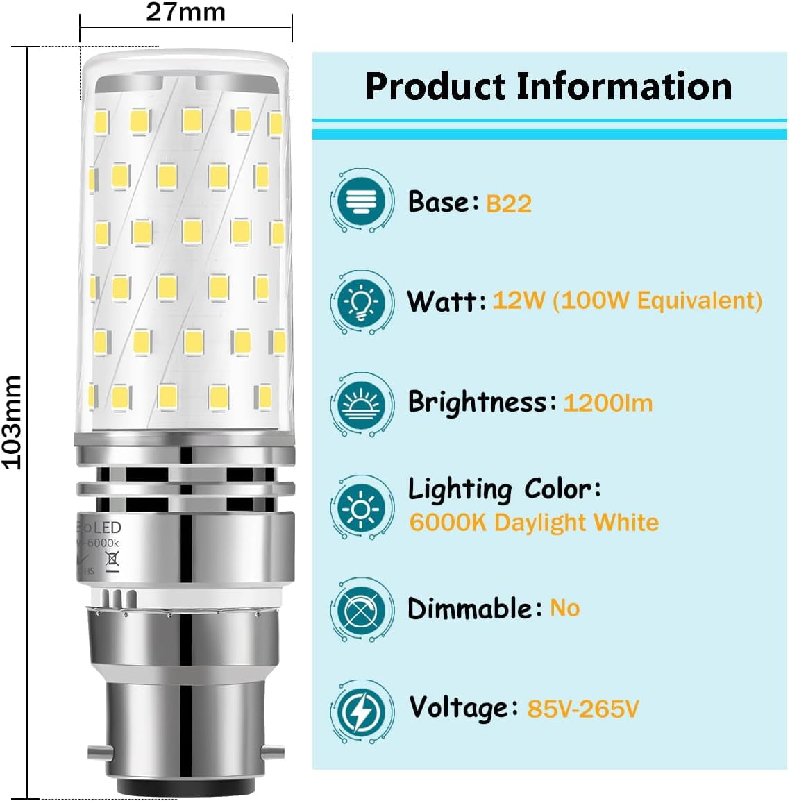 IYFFDFE-LED Bayonet Bulbs, 12W B22 Corn Bulb Equivalent 100W Halogen ...
