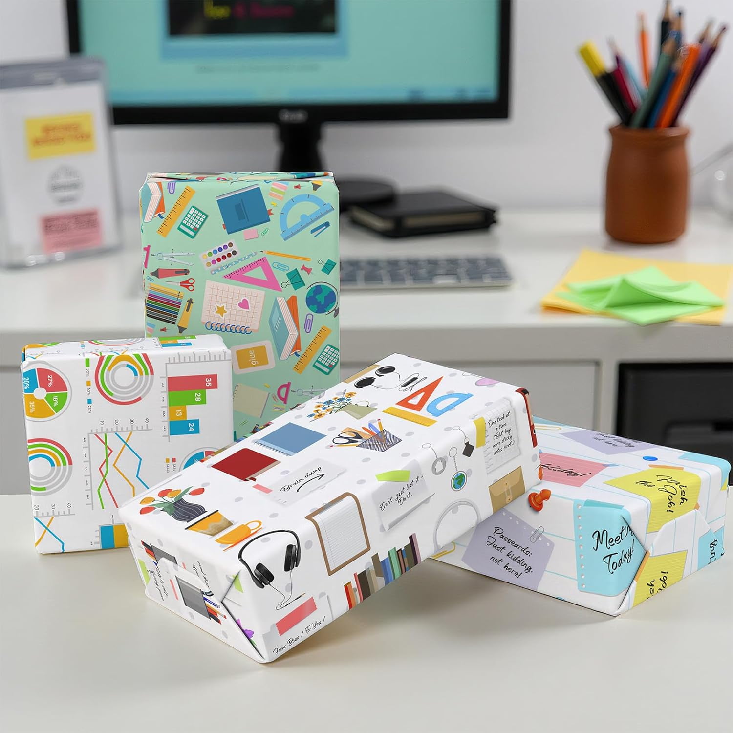 IYFFDFE-Office Wrapping Paper 12 Sheets Study Stationery Themed Designs ...
