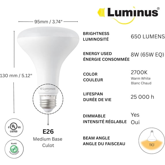 IYFFDFE-PLYC5294 BR30-8W (65W) 650 Lumens Warm White 2700K Dimmable Led ...
