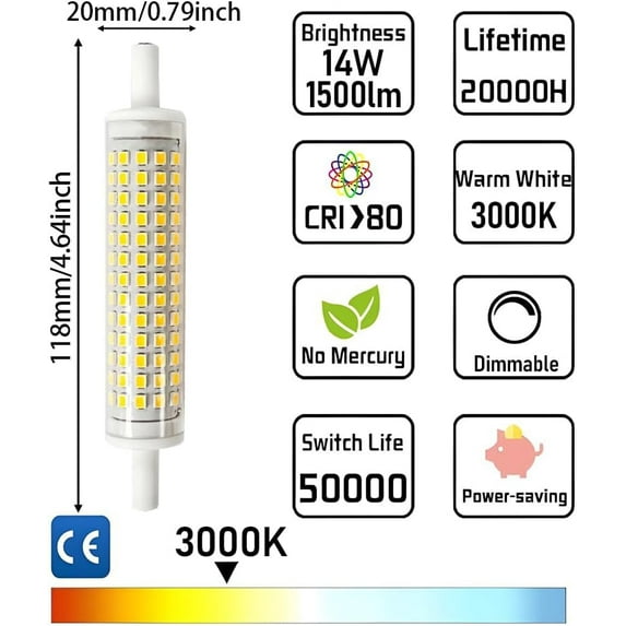 IYFFDFE-R7s LED Bulb Dimmable 118mm 14W Double Ended J118 T3 LED Bulb ...