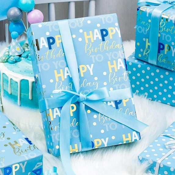 IYFFDFE-Reversible Light Blue Birthday Wrapping Paper Roll - 17 Inch X ...