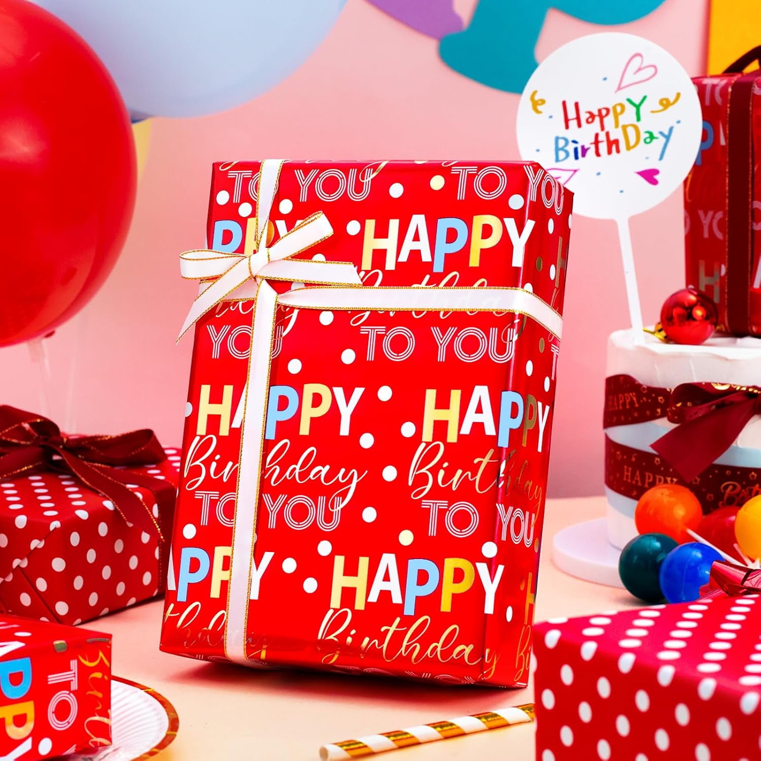 IYFFDFE-Reversible Red Birthday Wrapping Paper Roll - 17 Inch X 33 Feet ...