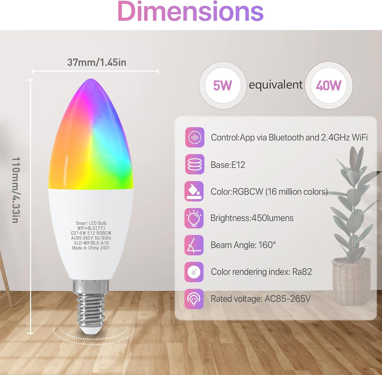 IYFFDFE-Smart Light Bulb Compatible with Alexa & Google Home, C37 E12 ...