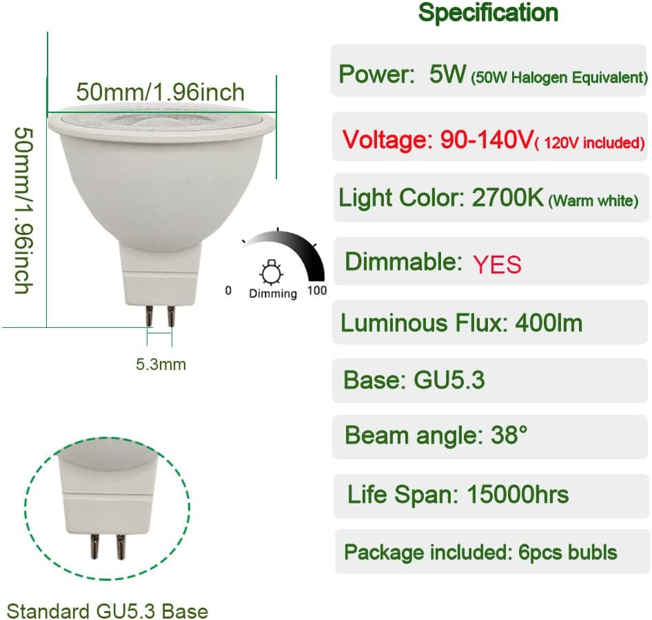 IYFFDFE-mr16 led Bulb dimmable 120v 110V 5W Spot Light 2700K Warm White ...