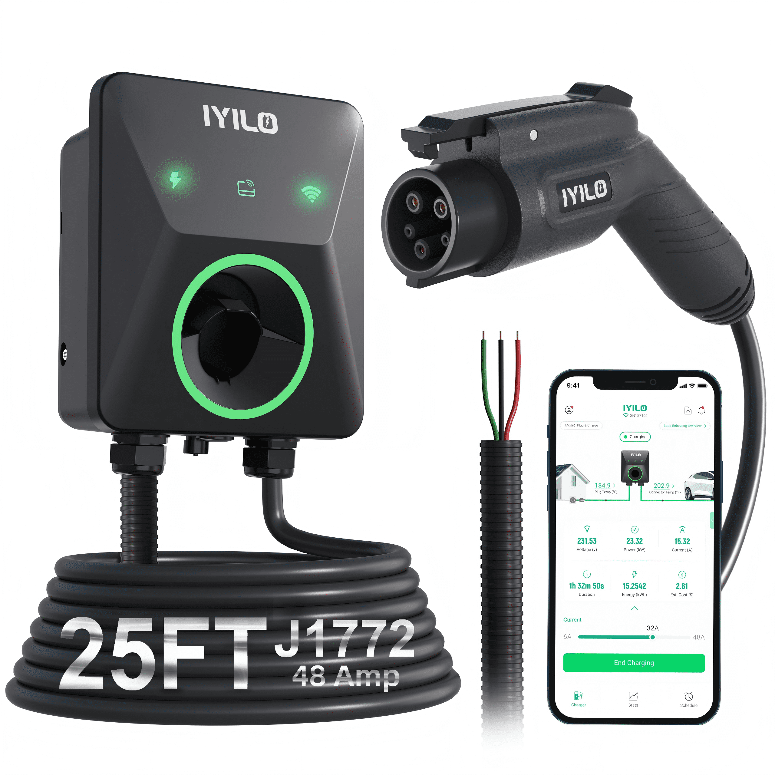 IYILO 48A Hardwired Level 2 EV Charger, 240V, NEMA14-50 J1772, 25Ft ...