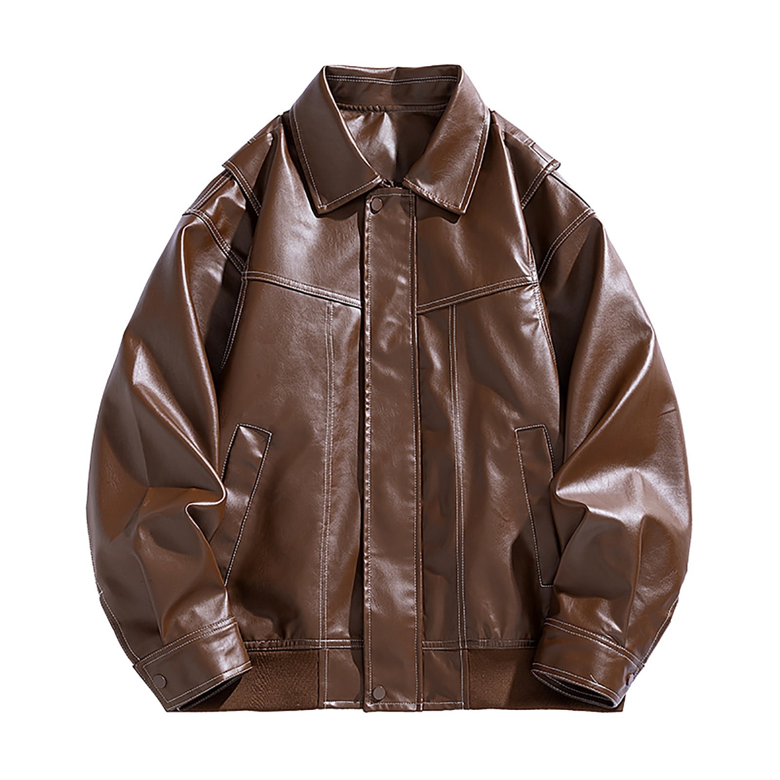 IYTR Men's PU Leather Jacket Baseball Jacket Zipper Stand Collar Long ...