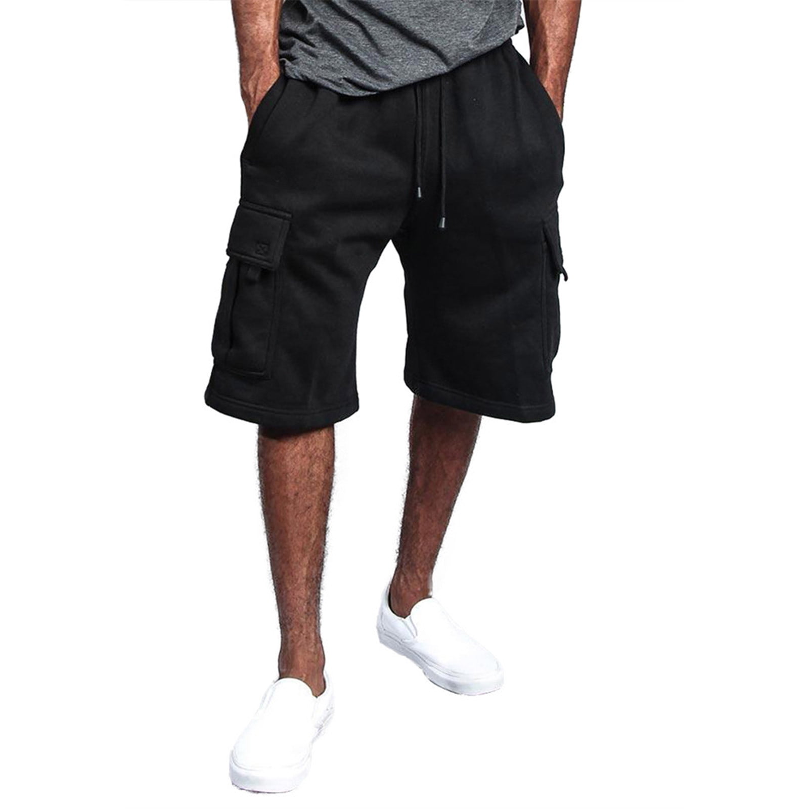 IYTR Men's Fleece Cargo Shorts with Pockets Dstring Elastic Waist Solid ...