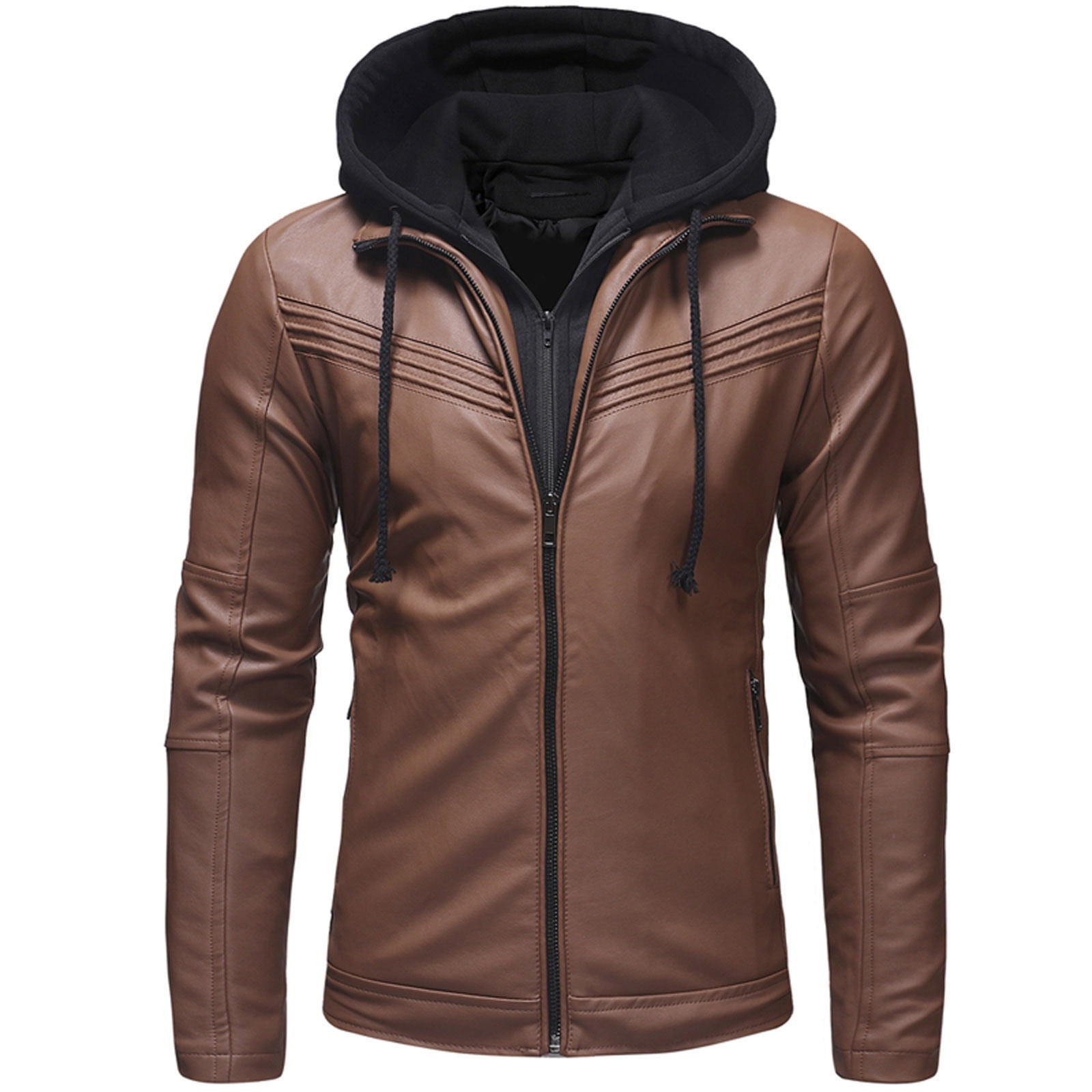 IYTR Men's Slim Fit Faux Leather Biker Jacket with Removable Hood Stand ...