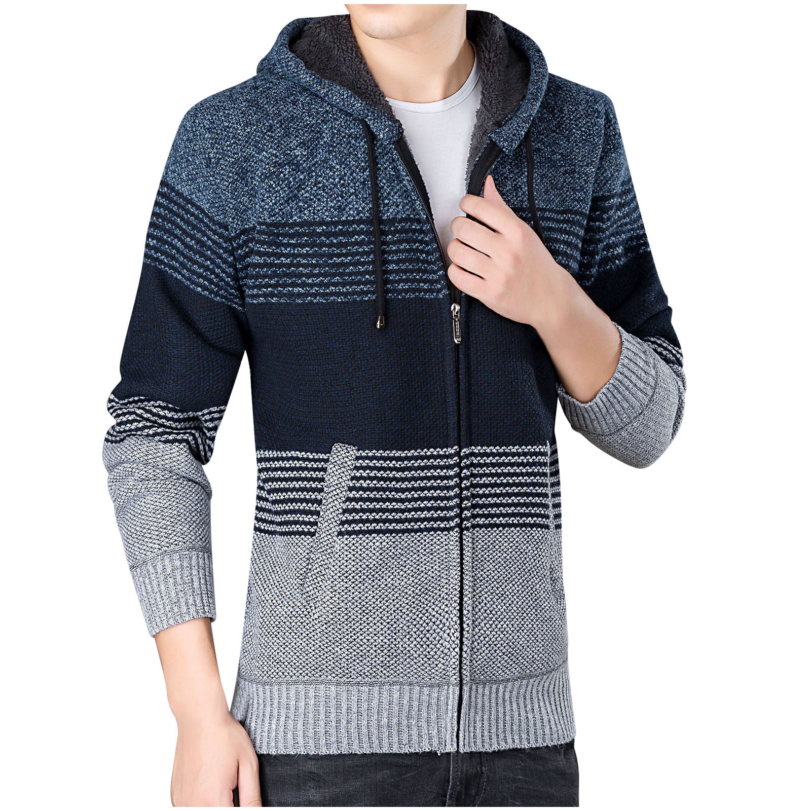 IYTR Men's Winter Warm Color Block Knitted Hooded Drawstring Sweater ...