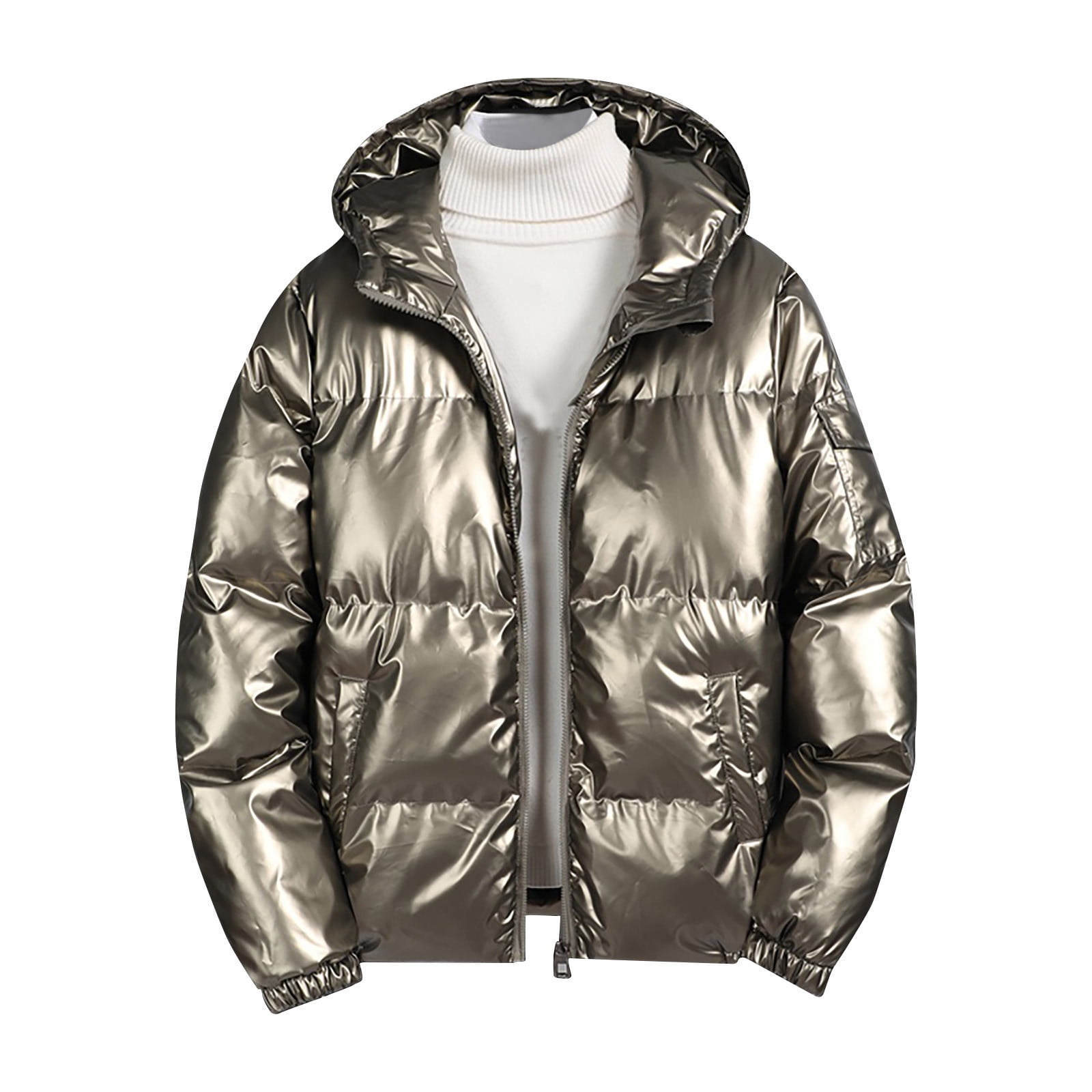 IYTR Men's Winter Warm Hooded Puffer Jacket Stand Collar Shiny Metallic ...