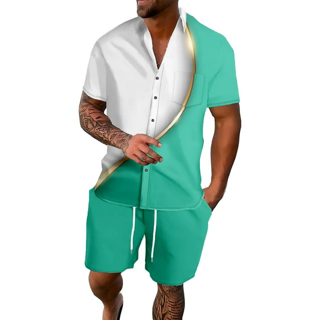 Iytr Mens 2 Piece Casual Beach Outfits Casual Button Up Lapel Short