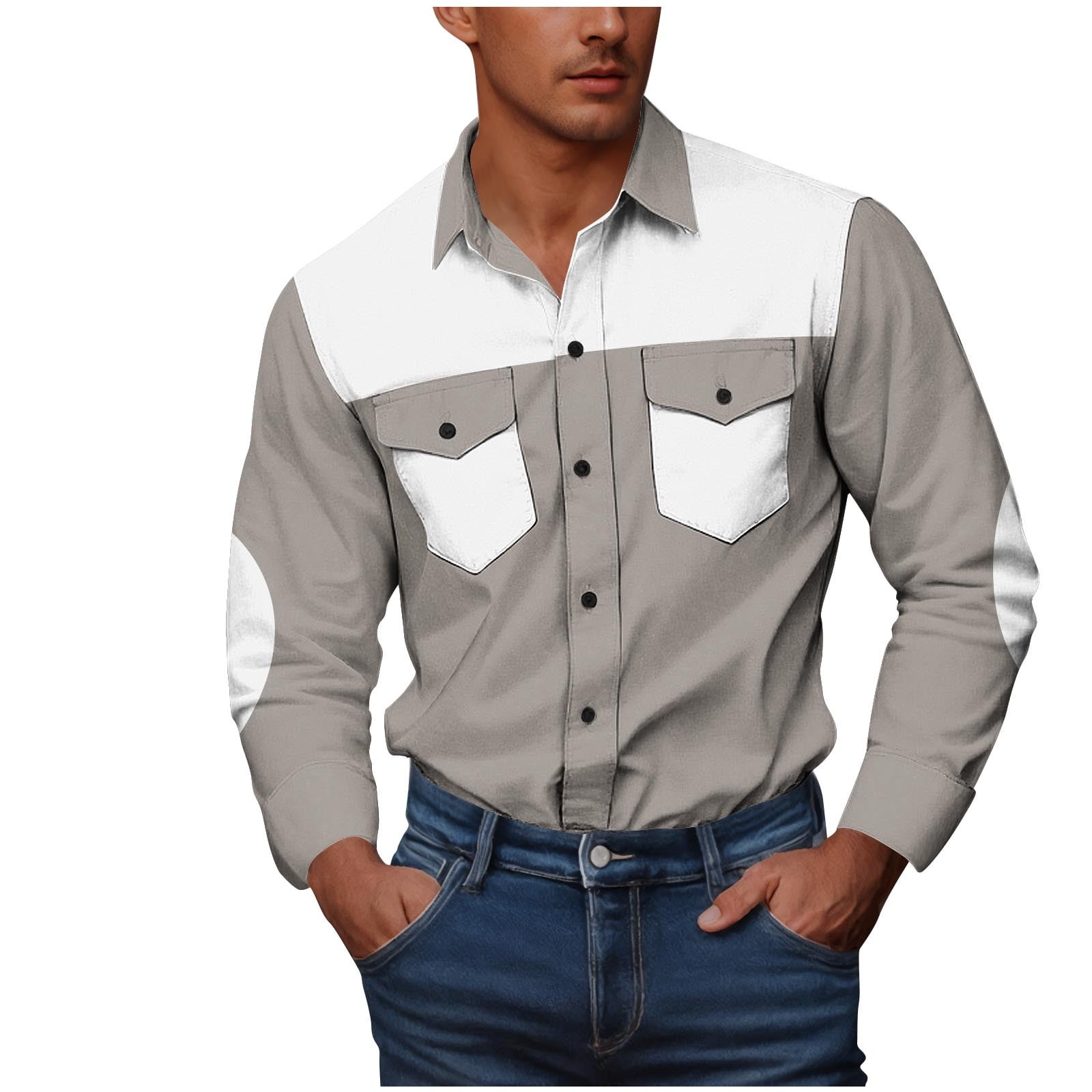 IYTR Mens Button Up Shirts Long Sleeve Color Block Cargo Shirts Loose ...