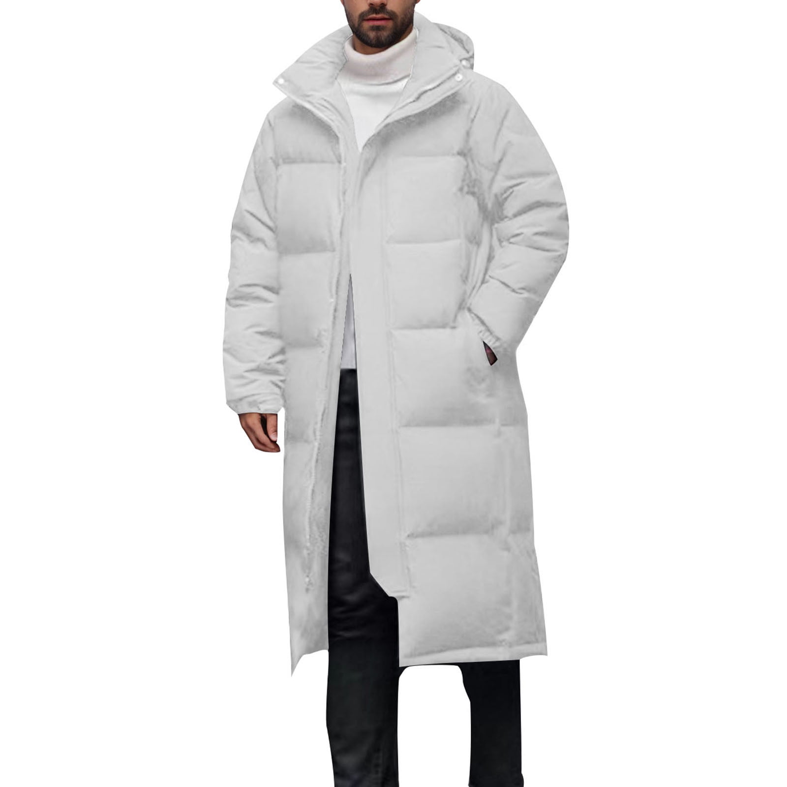 IYTR Mens Puffer Jacket Long Sleeve Hooded Winter Long Coat Solid Color ...