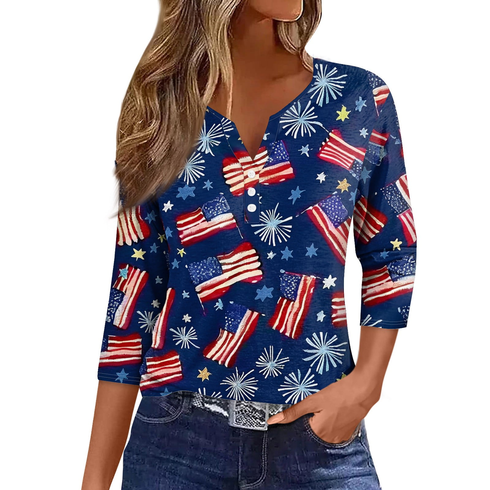 IYYVV 4th of July Shirts for Women 3/4 Sleeve Summer V Neck Button Down Cute Holidays Elbow ...