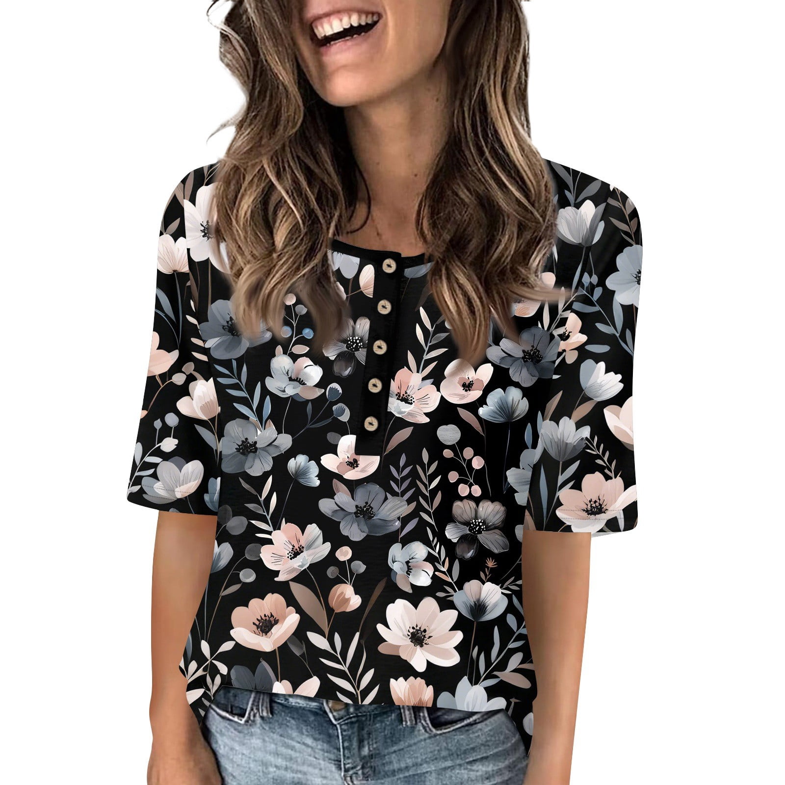IYYVV Elbow Sleeve Tops for Women Trendy 2026 Summer Ruond Neck Button ...