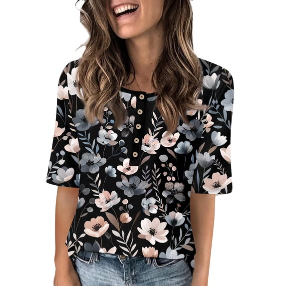 IYYVV Elbow Sleeve Tops for Women Trendy 2026 Summer Ruond Neck Button ...