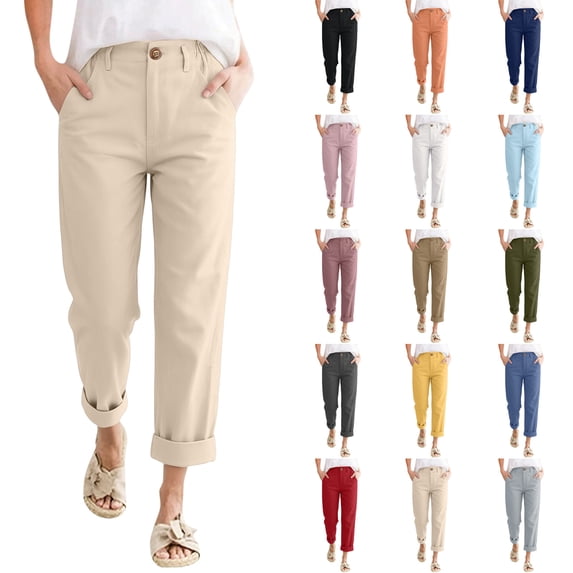 IYYVV Linen Pants Women Petite High Waisted Cropped Pants Summer Beach ...