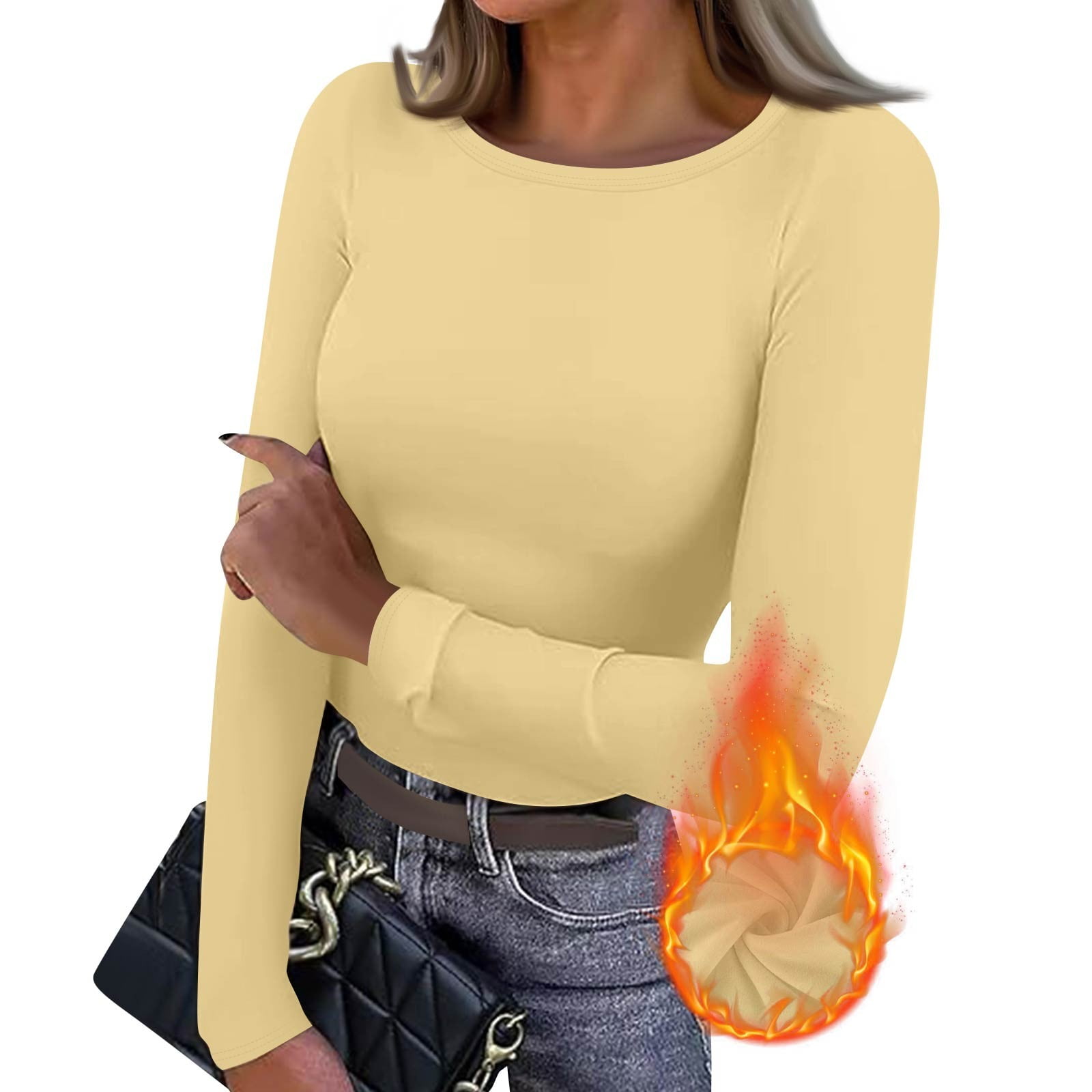 IYYVV Long Sleeve Thermal Shirt for Women Light Fleece Tops Spring 2026 Crew Neck Casual Basic T ...