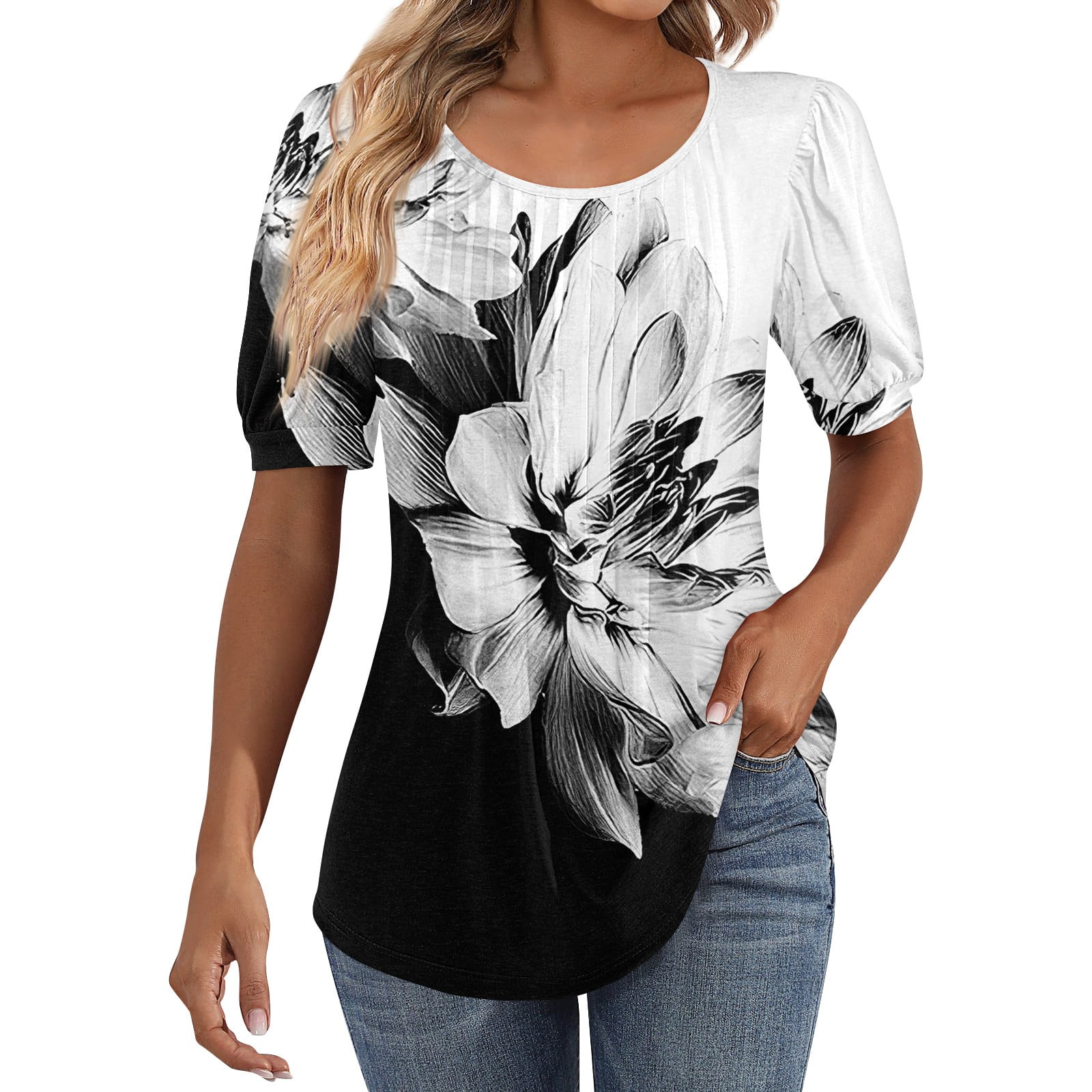 IYYVV Shirts For Women Puff Short Sleeve Pleated Dressy Casual Scooped ...