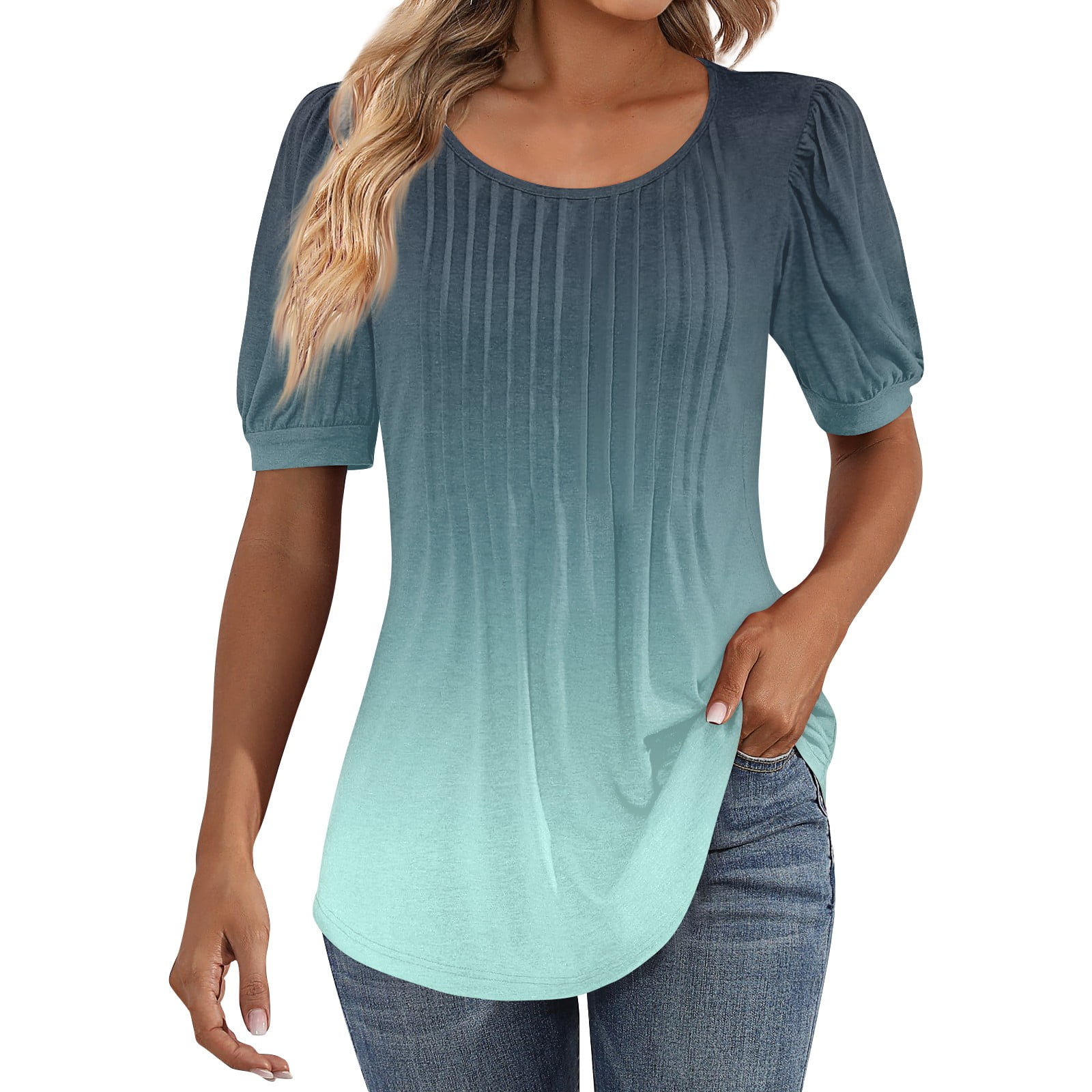 IYYVV Shirts For Women Puff Short Sleeve Pleated Dressy Casual Scooped ...