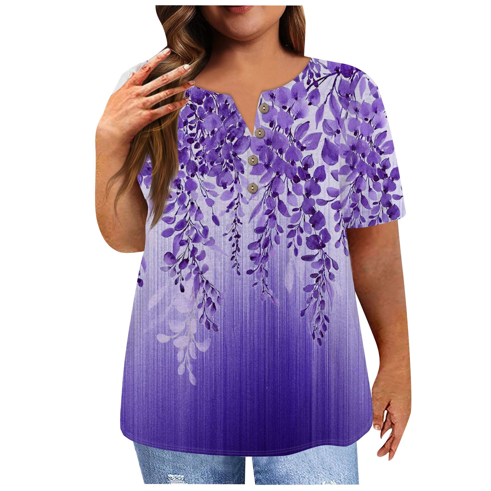IYYVV Summer Plus Size Tops Short Sleeve Button Shirt V-Neck Womens ...