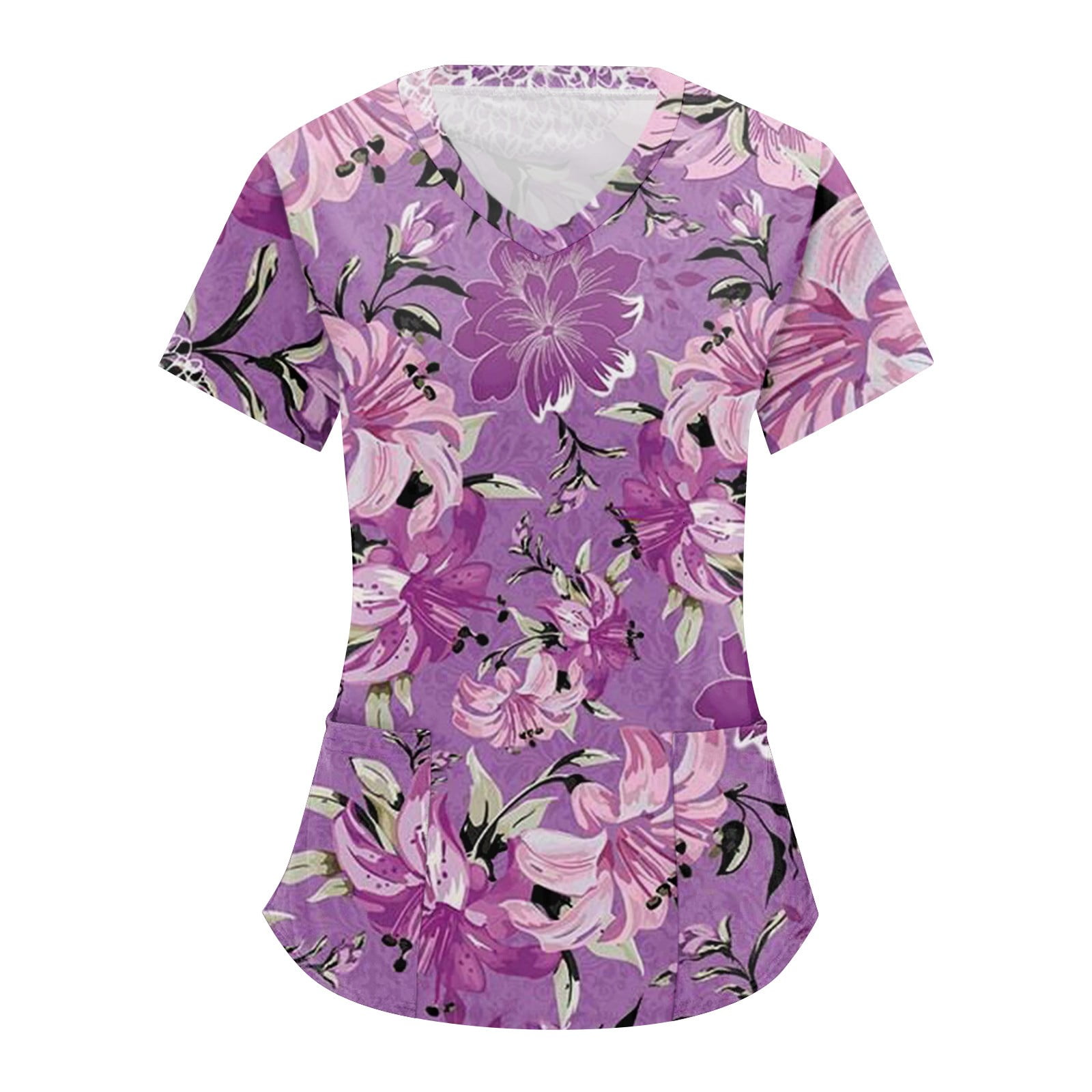 IYYVV Women's Working Uniform with Two Pockets V-Neck Scrub Top Floral ...