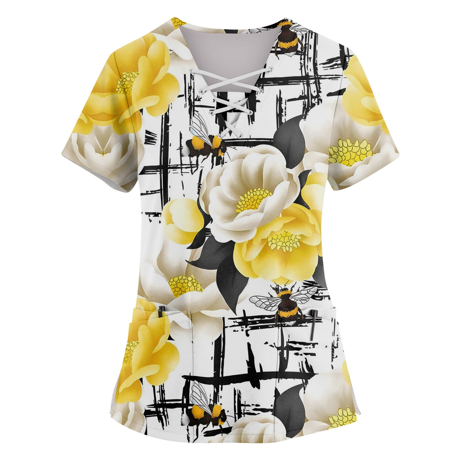 IYYVV Womens Scrub Tops Medical Workwear V Neck Graphic Floral Print ...