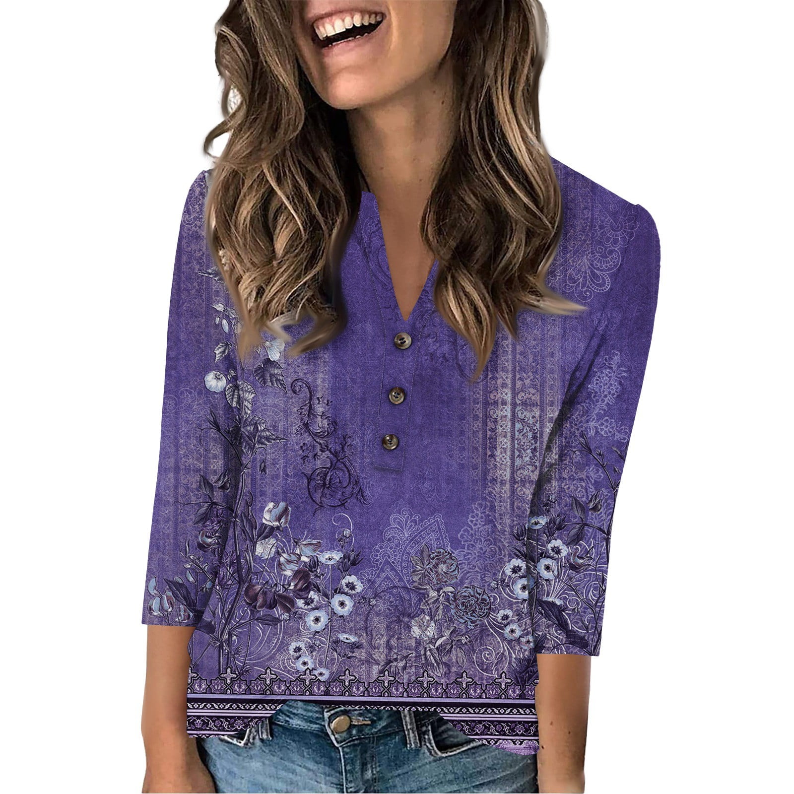 IYYVV Womens Tops 3/4 Sleeve V-Neck Button Up Shirts Business Casual ...