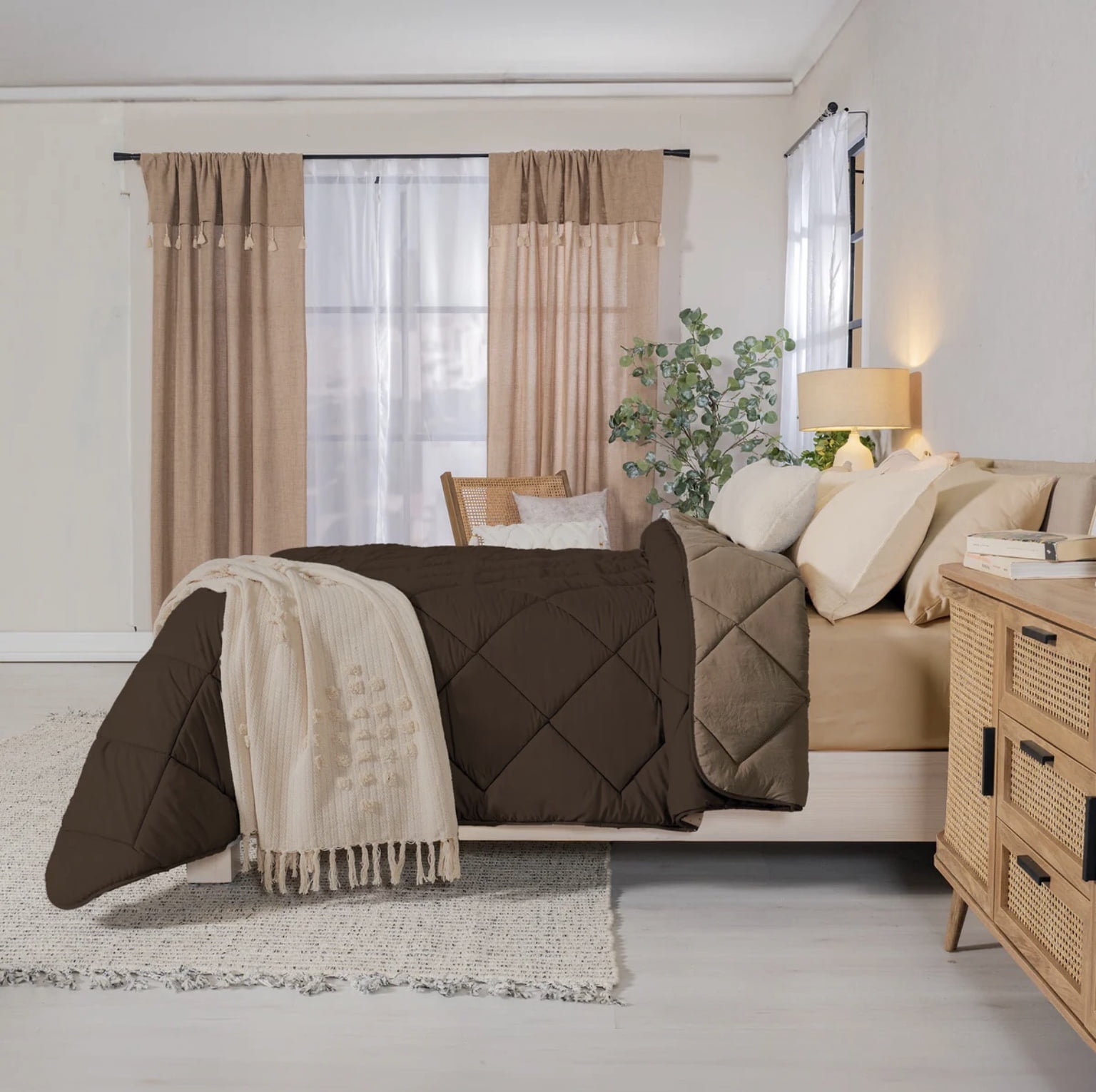 IZAMAL BROWN COLOR SOFT TEXTURE REVERSIBLE COMFORTER SET 5 PCS QUEEN ...