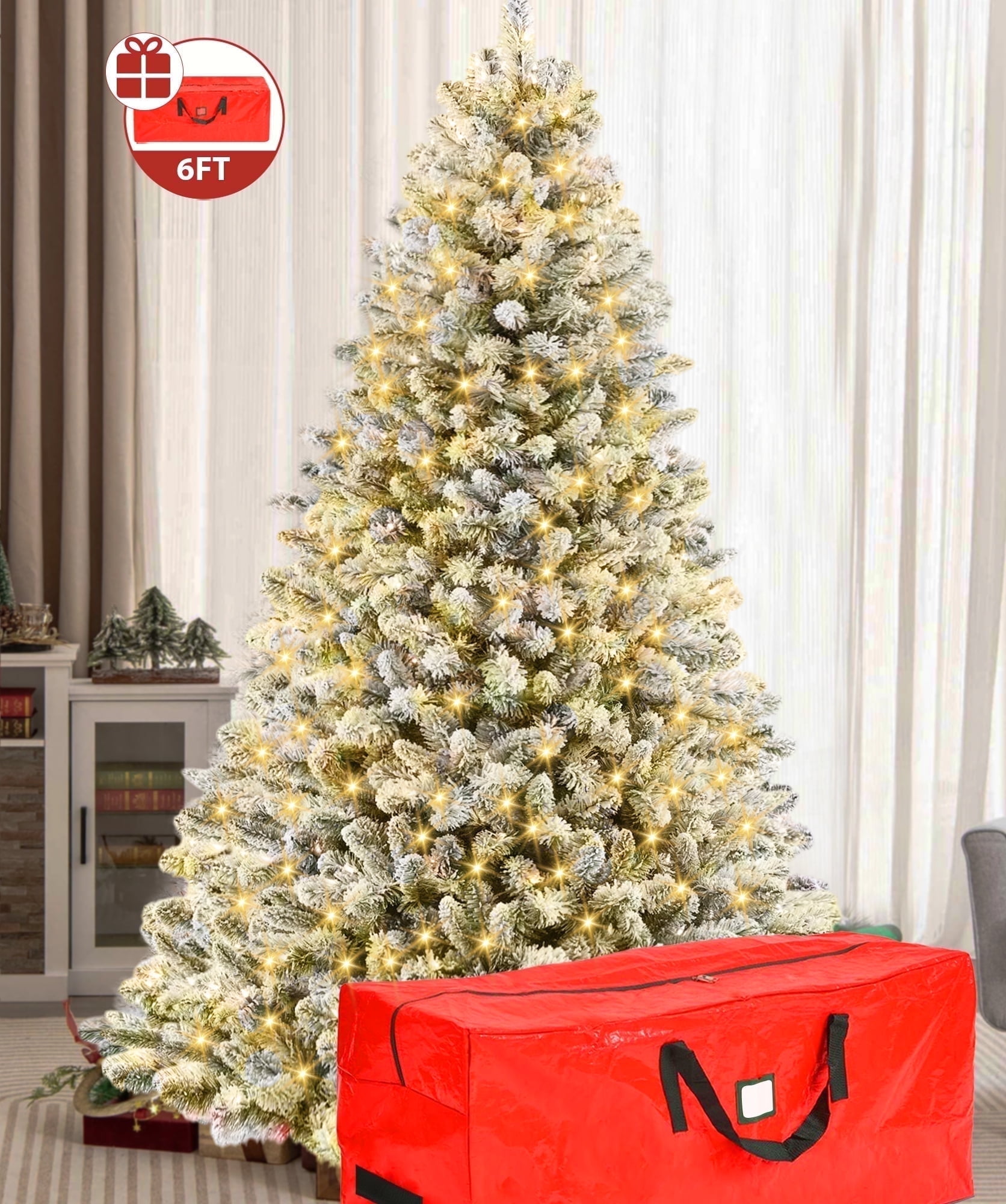 IZNEN 7.5ft Prelit Snow Flocked Christmas Tree,8 Modes LED Lights ...