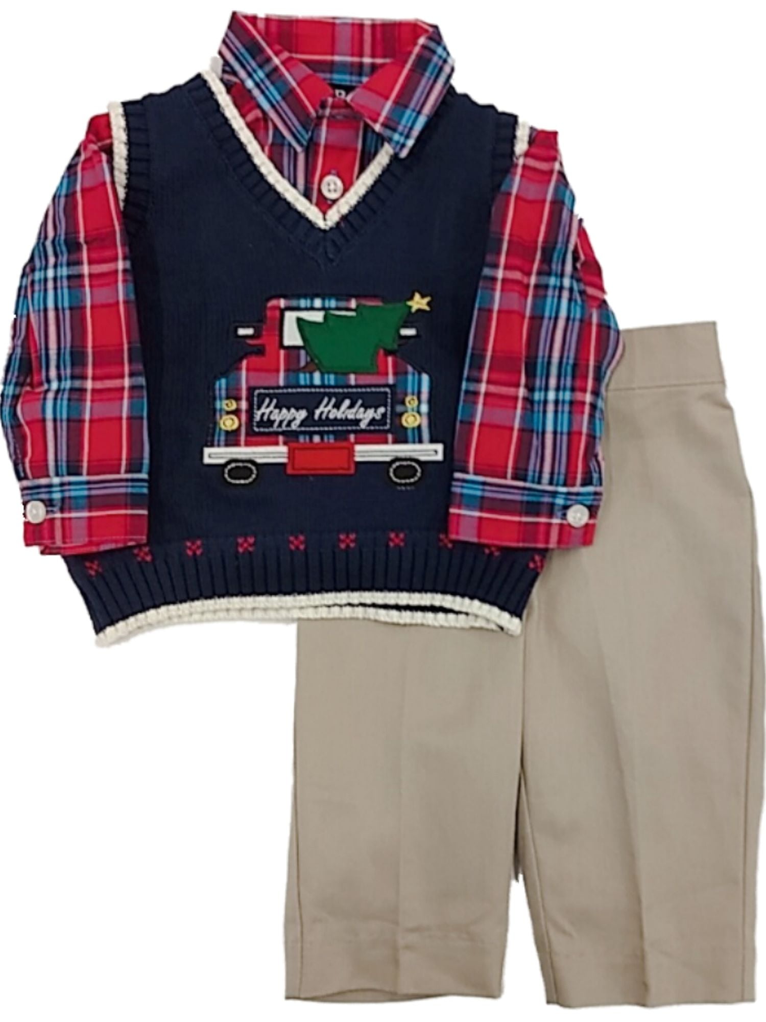 IZOD Infant Boys Dress Up Blue Vest Khaki Pants & Plaid Shirt Outfit ...