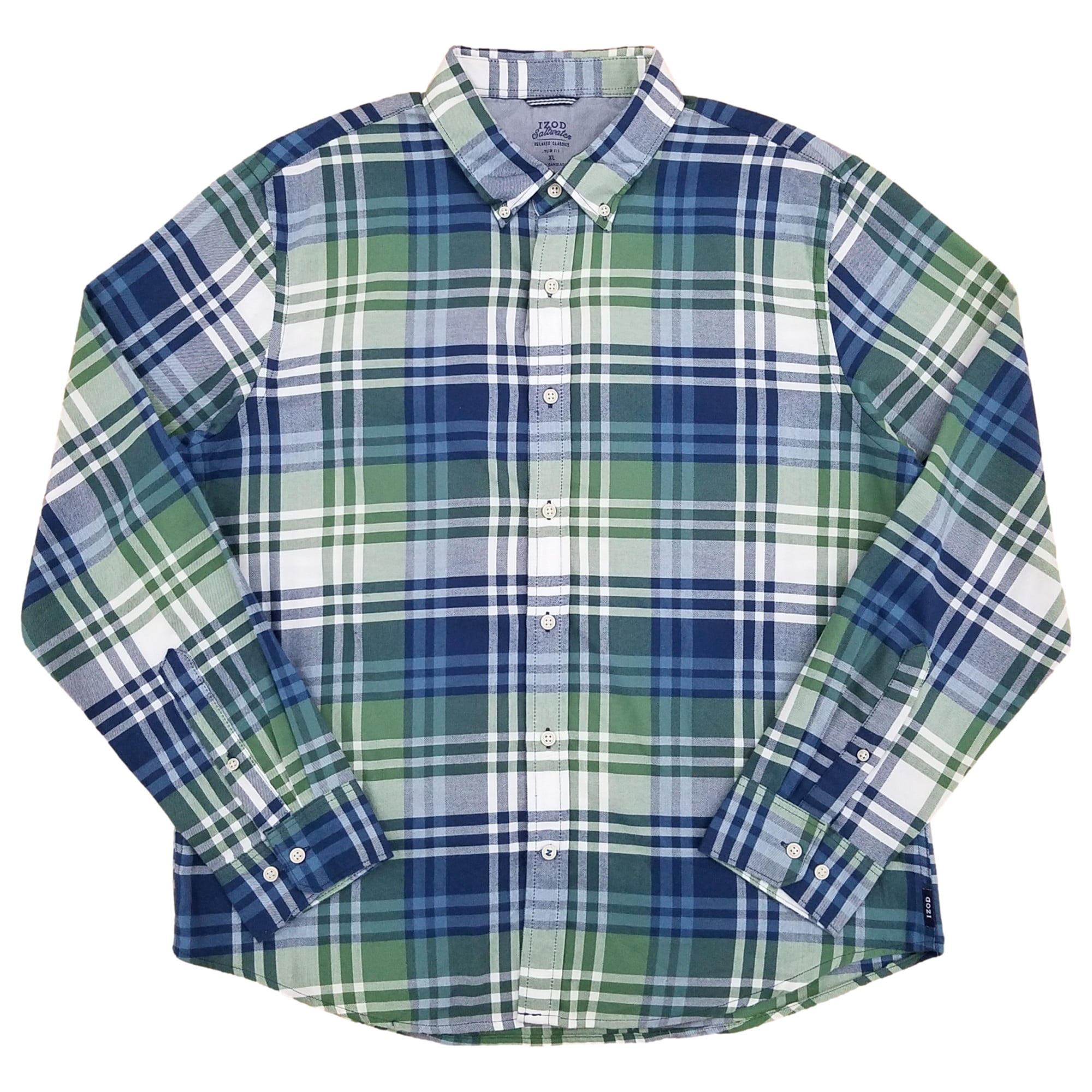 IZOD Mens Green & Blue Plaid Long Sleeve Slim Fit Untucked Button-Down ...