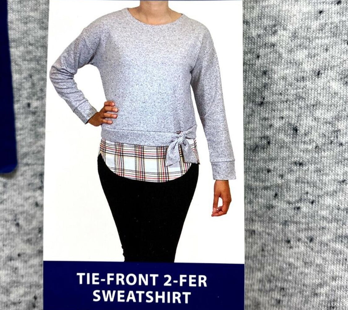 IZOD Women's Tie Front 2-Fer Sweatshirt, Light Gray Heather/Plaid ...