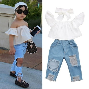 3Pcs Toddler Girl Off Sloulder Top Ruffle Blouse Blue Ripped Long Jeans ...