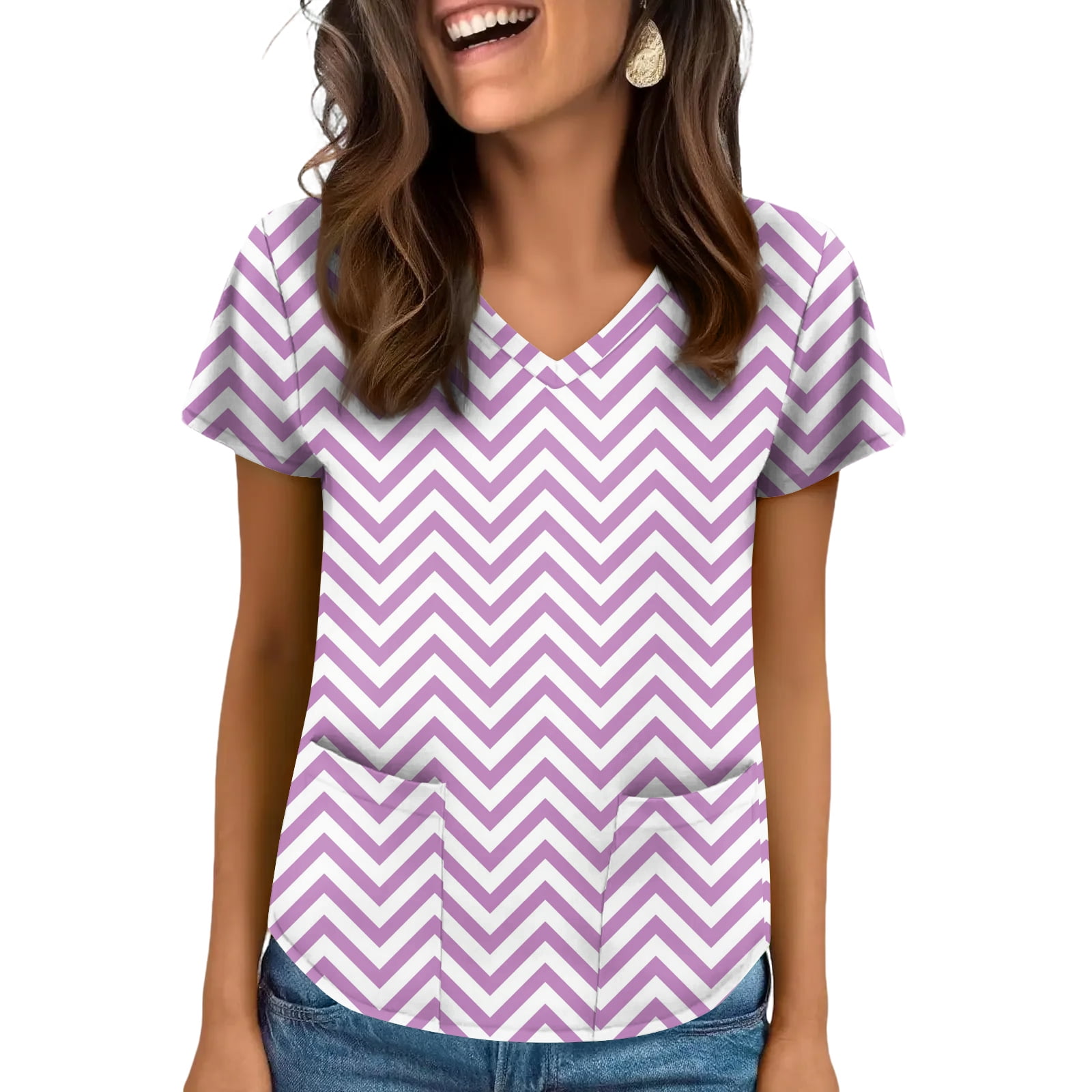 Iaqnaocc Easter Scrubs for Women Plus Size Striped Nursing Uniform ...