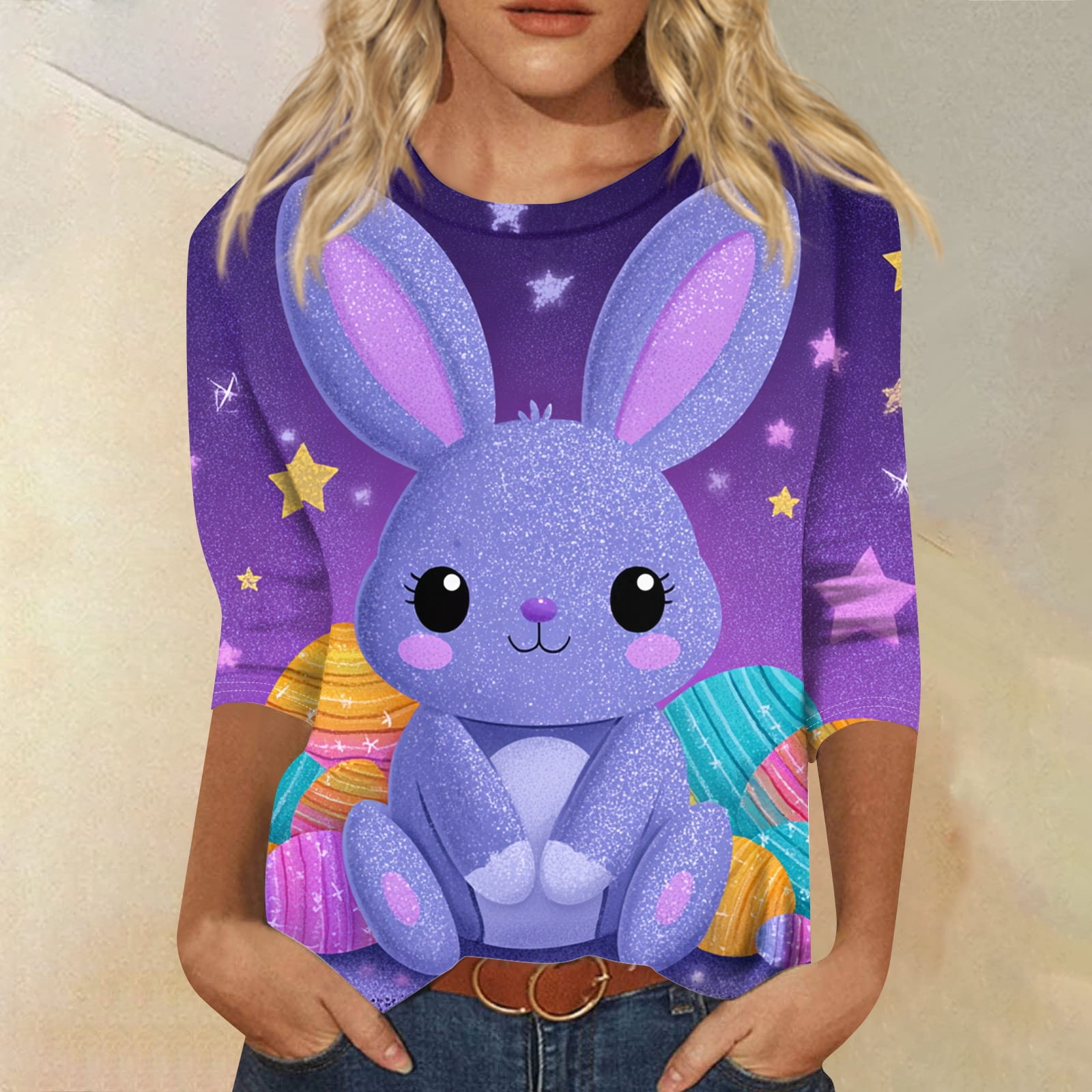 Iaqnaocc Easter Tops for Women Trendy 3/4 Sleeve Plus Size Funny Bunny ...