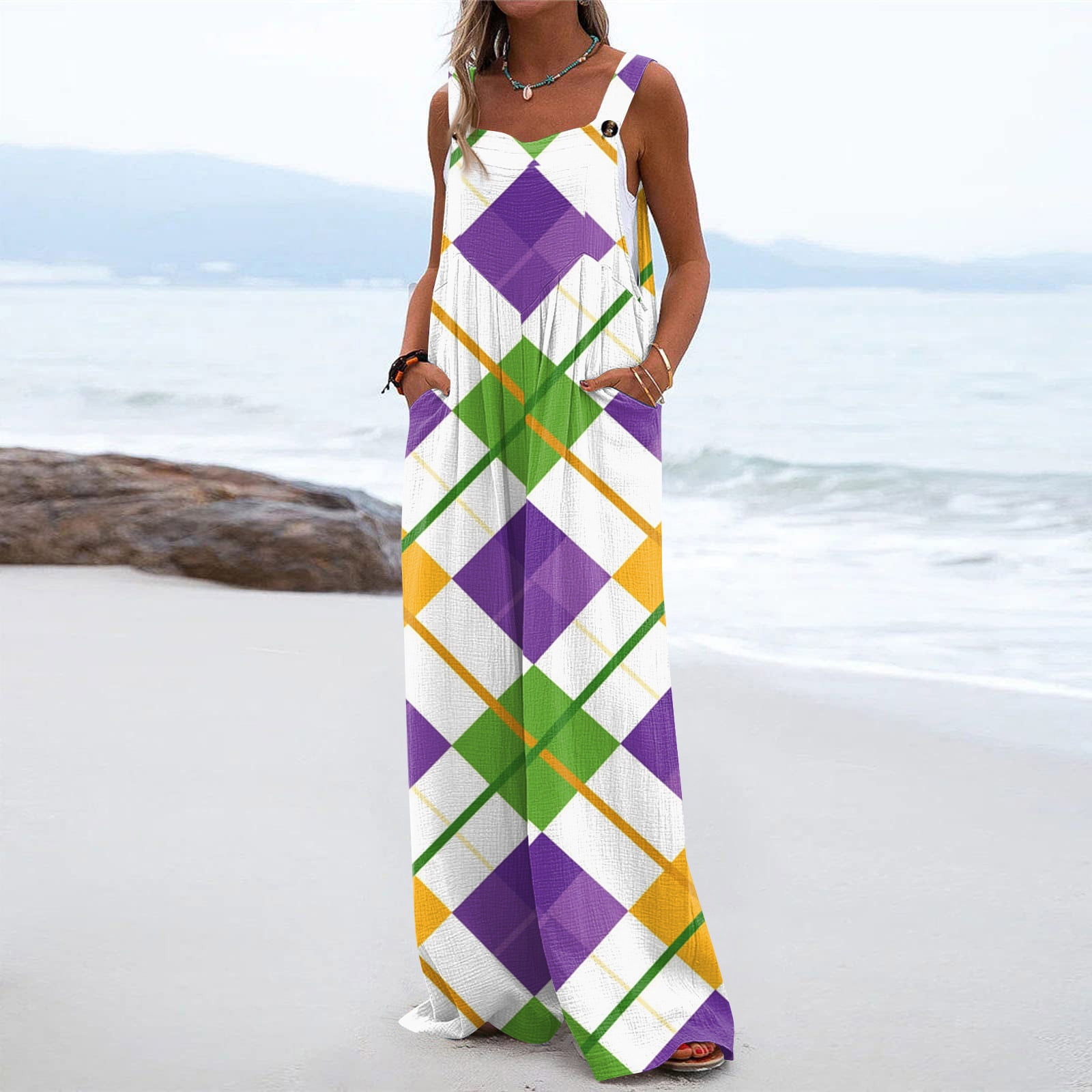 Iaqnaocc Mardi Gras Jumpsuits for Women Funny Patchwork Carnival Graphic Sleeveless Jumpsuits ...