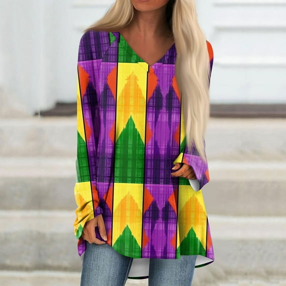 Iaqnaocc Mardi Gras Long Sleeve Tops for Women Celebration Fat Tuesday ...