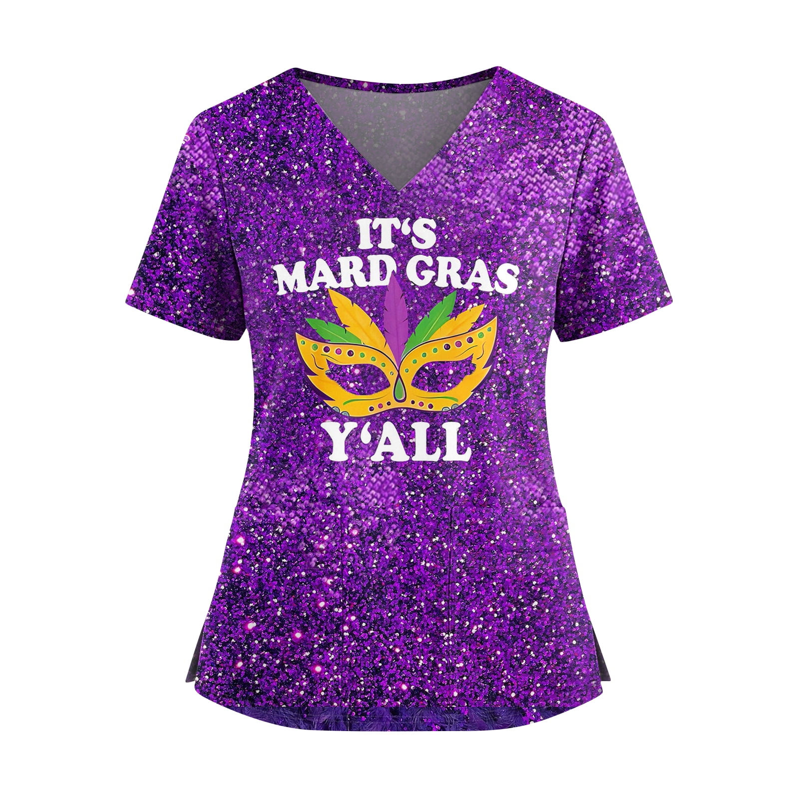 Iaqnaocc Mardi Gras Scrub Tops Women Fancy V Neck Mask Printed Working ...