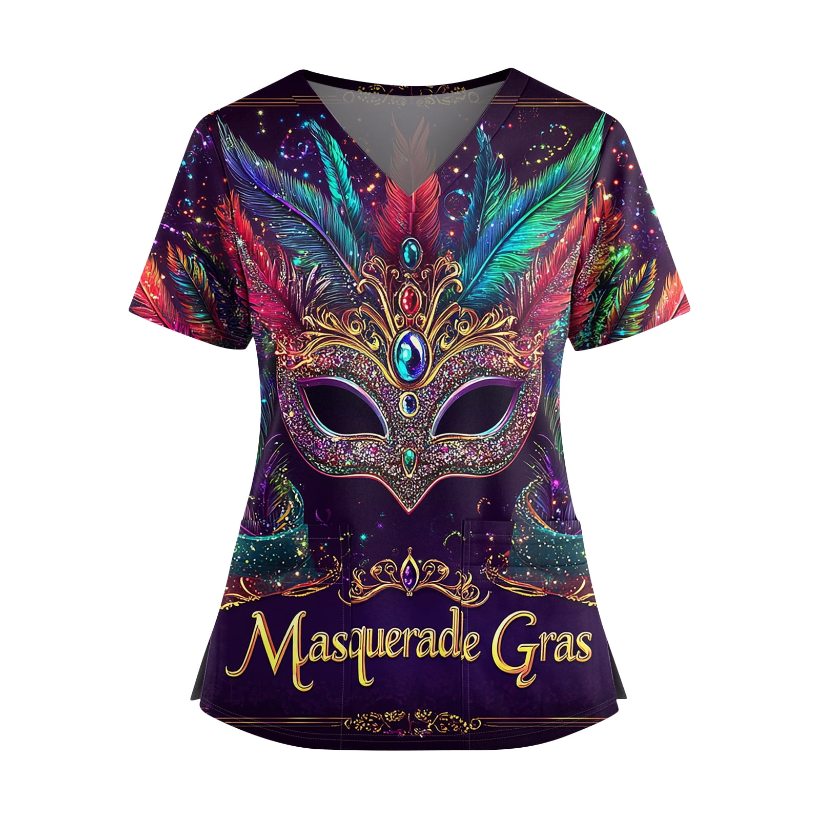 Iaqnaocc Mardi Gras Scrub Tops Women Fancy V Neck Mask Printed Working ...
