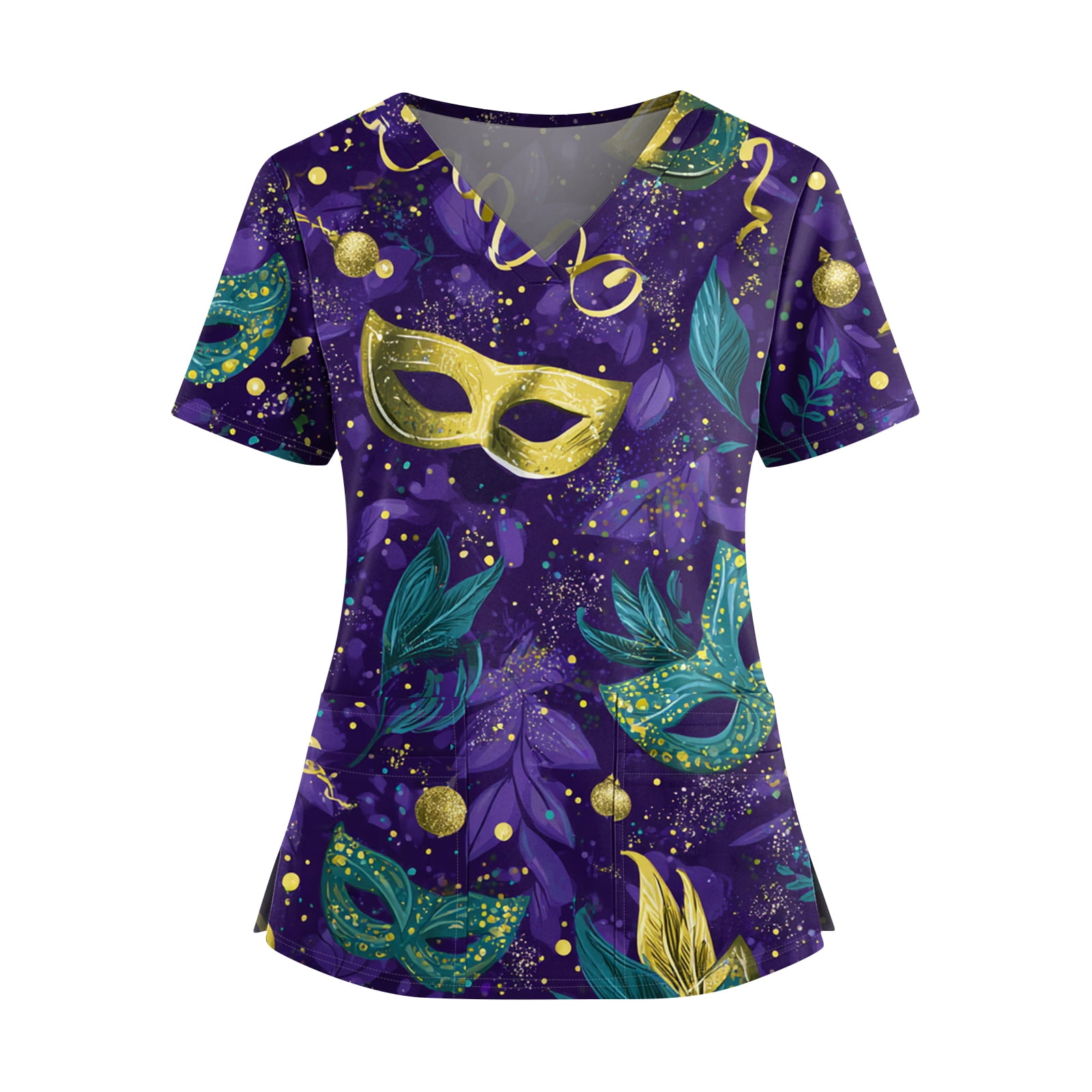 Iaqnaocc Mardi Gras Scrub Tops Women Fancy V-Neck Mask Printed Working ...