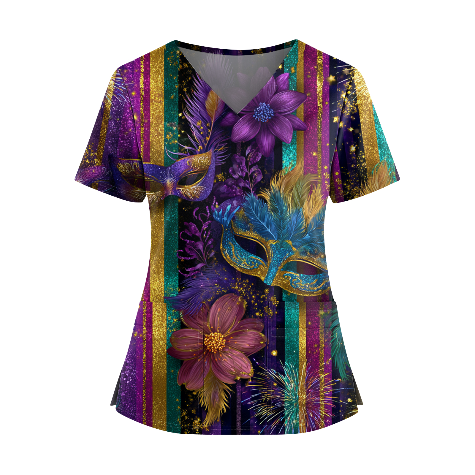 Iaqnaocc Mardi Gras Scrubs for Women Fancy V Neck Mask Printed Working ...